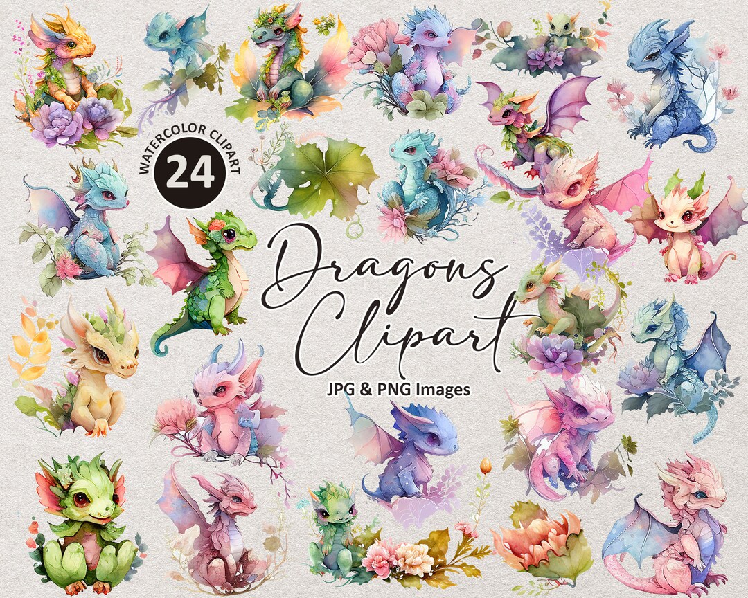 Cute Dragon Png, Watercolor Png, Fairy Dragon Png, Png Bundle, Floral ...