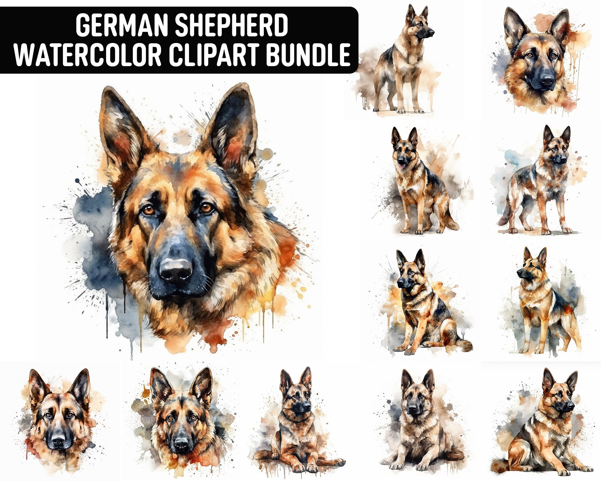 Watercolor German Shepherd Clipart, 12 High Quality Jpgs, Dog Clipart ...