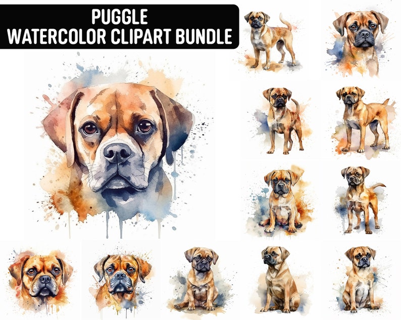 Watercolor Puggle Clipart, 12 High Quality Jpgs, Dog Clipart, Card ...