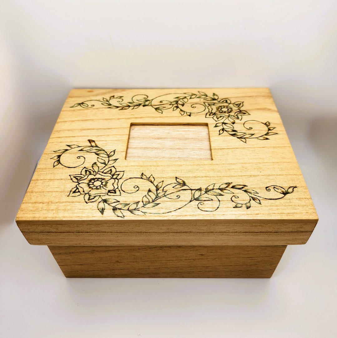 Wooden Photo Keepsake Storage Box Handmade Wooden Storage Boxes Pyrography Floral Theme FREE ...