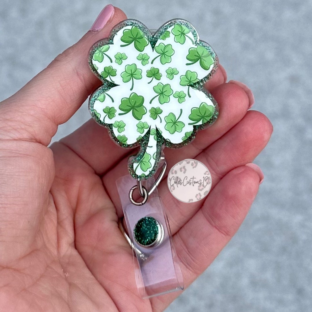 4 Leaf Clover Badge Reel, St. Patrick’s Day Badge Reel, Shamrock Badge ...