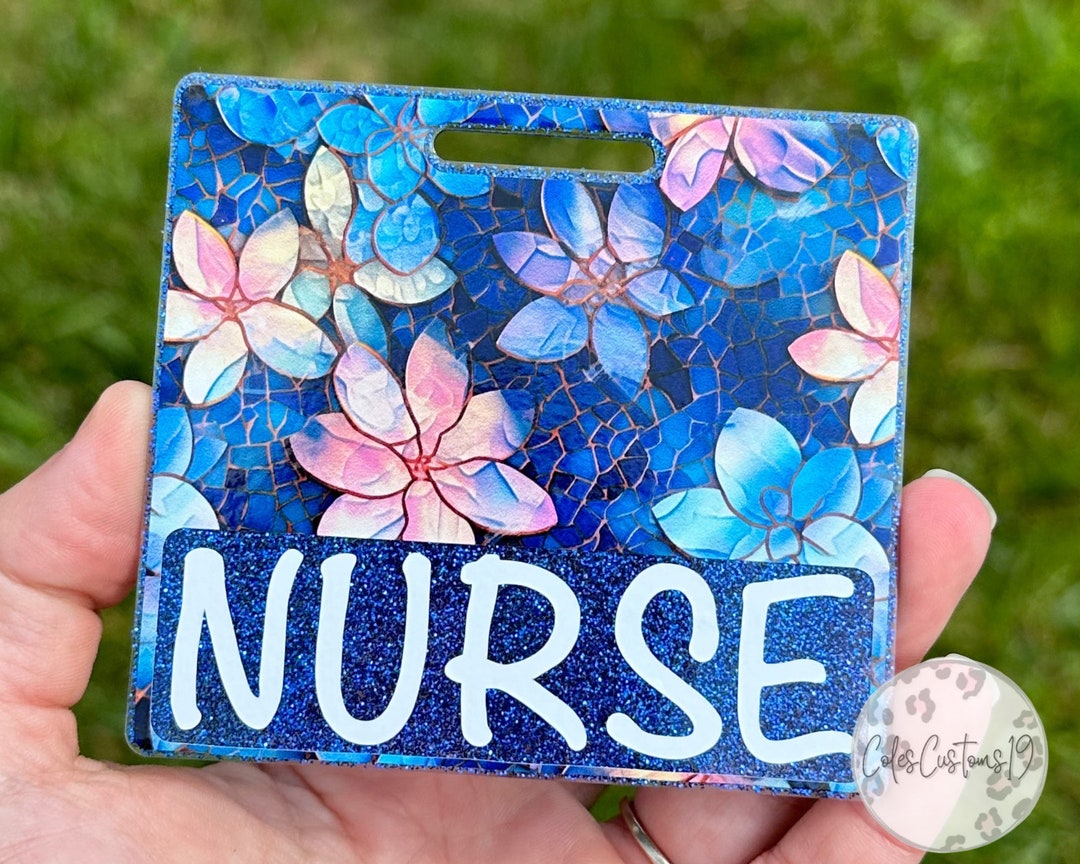 Mosaic Blue Floral Badge Buddy, Summer Badge Buddy, Vertical Badge ...