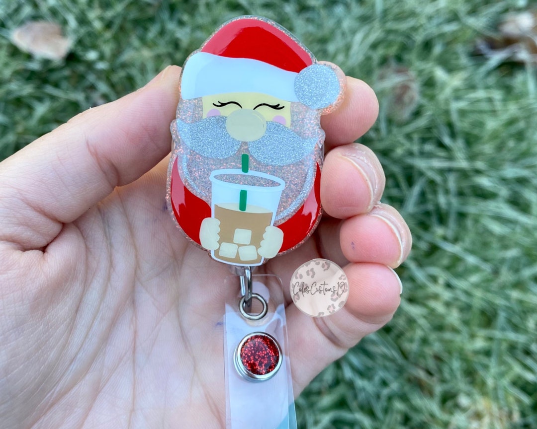 Santa With Iced Coffee Badge Reel, Iced Coffee Badge Reel, Holiday ...