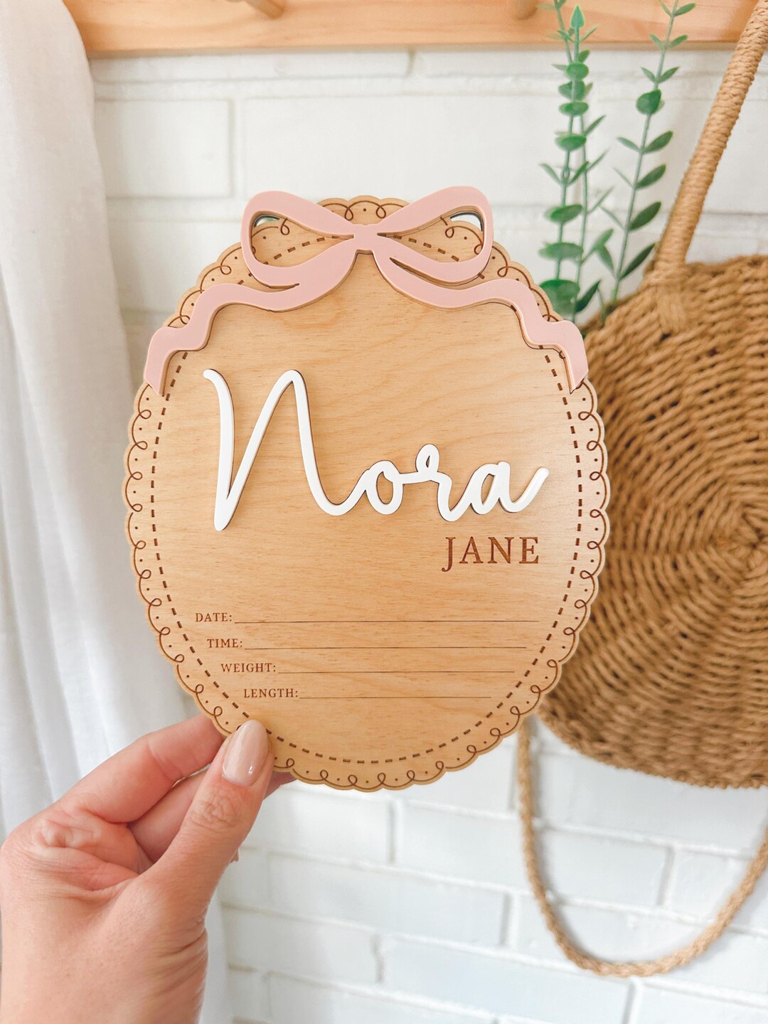 Scalloped Bow Baby Announcement Sign, Birth Announcement Sign, Baby ...