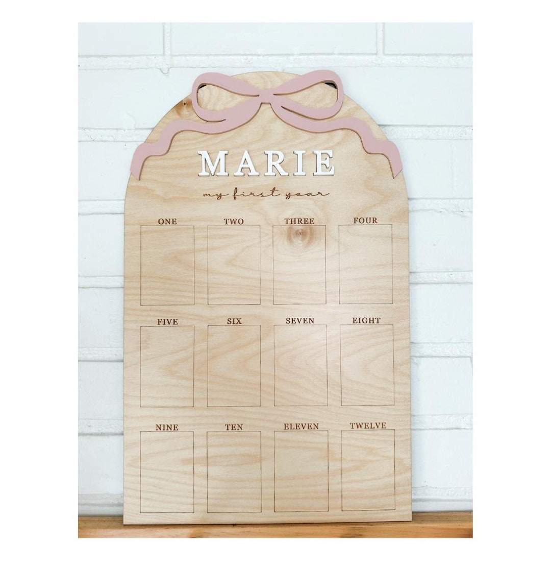 Bow One Year Photo Board, First Birthday Decor, Baby Picture Frame ...