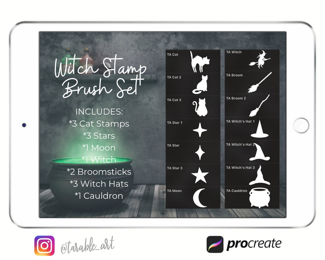 Witch Procreate Stamp Brush Set: Halloween, Cats, Stars (instant ...