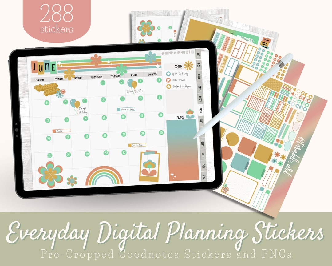 Retro Digital Planner Stickers: 288 Pre-cropped Pngs for Goodnotes ...