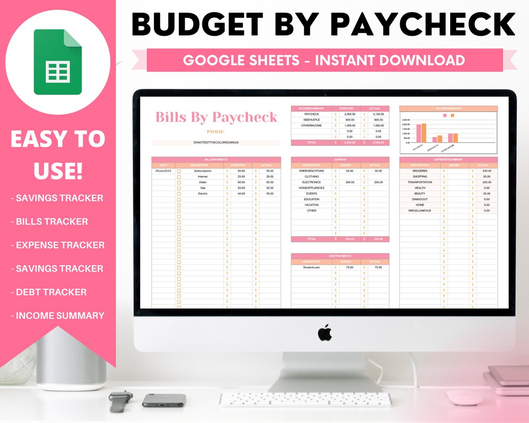 Budget by Paycheck Spreadsheet, Monthly Custom Google Sheet Editable ...