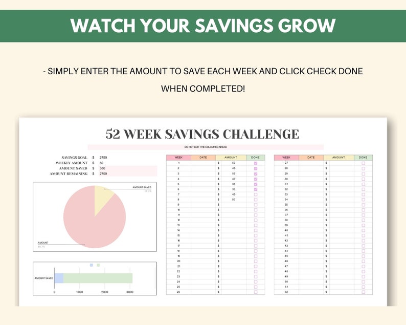 52 Weeks Savings Tracker, Google Sheets, Annual Finance Tracker, Weekly ...