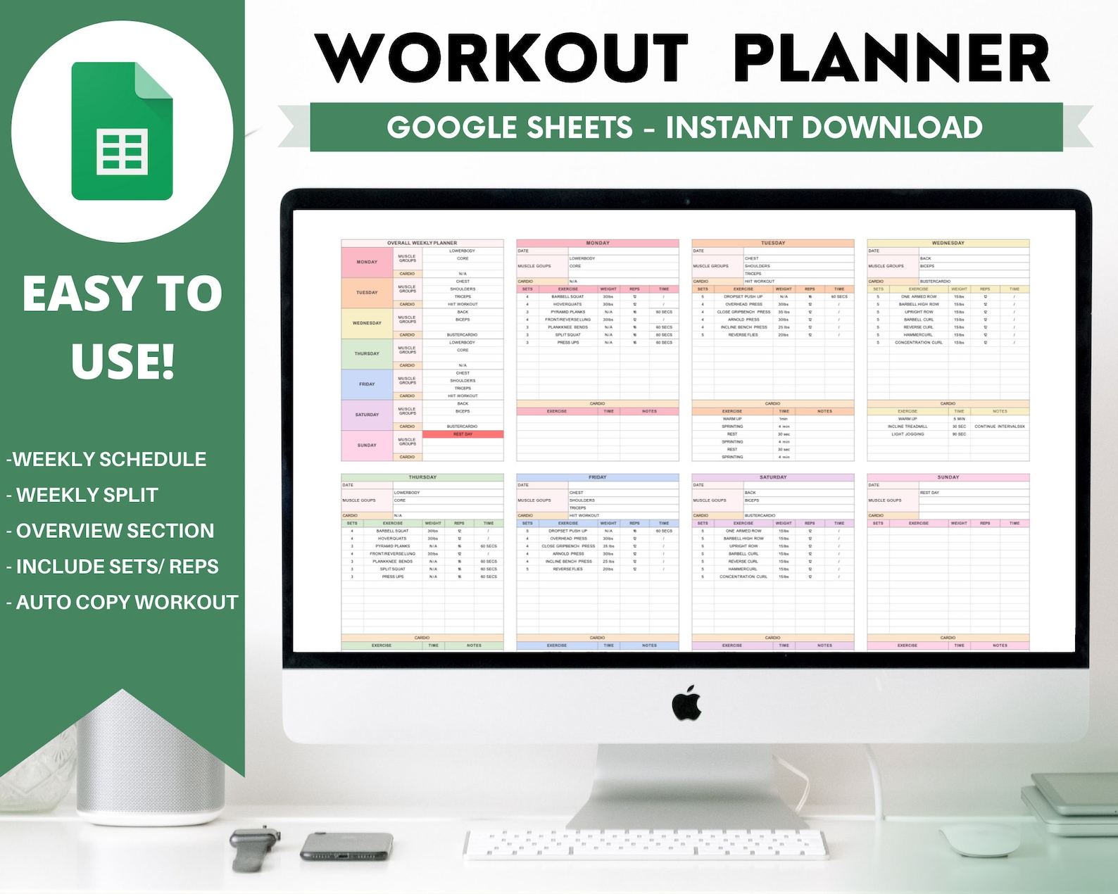 Workout Planner Spreadsheet, Google Sheets, Daily, Weekly, Fitness ...