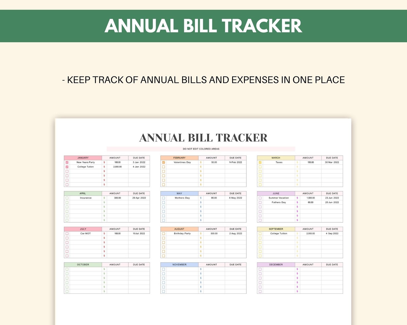 Annual Bills Tracker Spreadsheet, Monthly Custom Google Sheet Editable ...