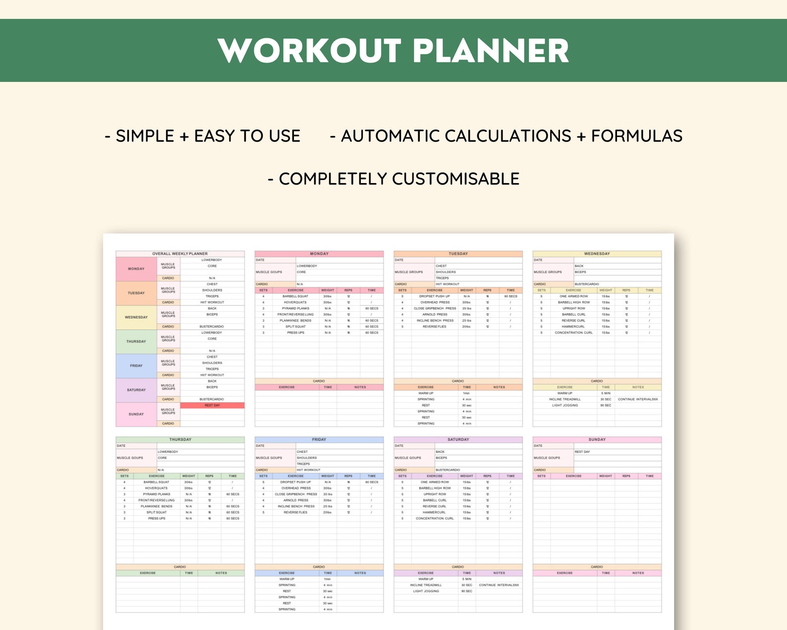 Workout Planner Spreadsheet, Google Sheets, Daily, Weekly, Fitness ...