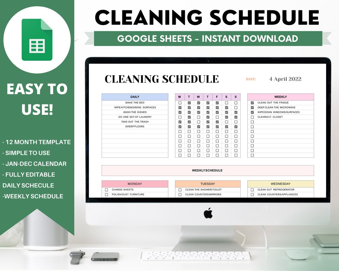 Cleaning Schedule Spreadsheet, Google Sheets, Daily, Weekly, Monthly ...