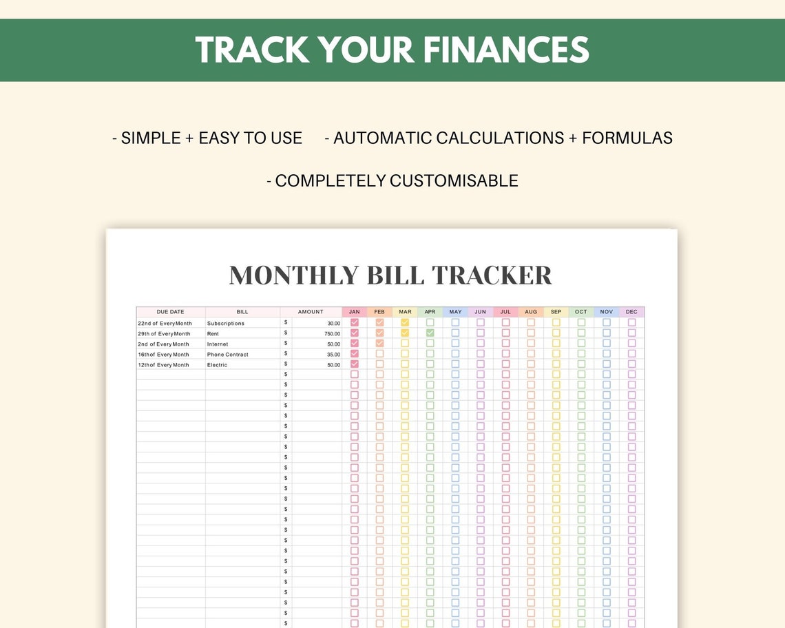 Annual Bills Tracker Spreadsheet, Monthly Custom Google Sheet Editable ...