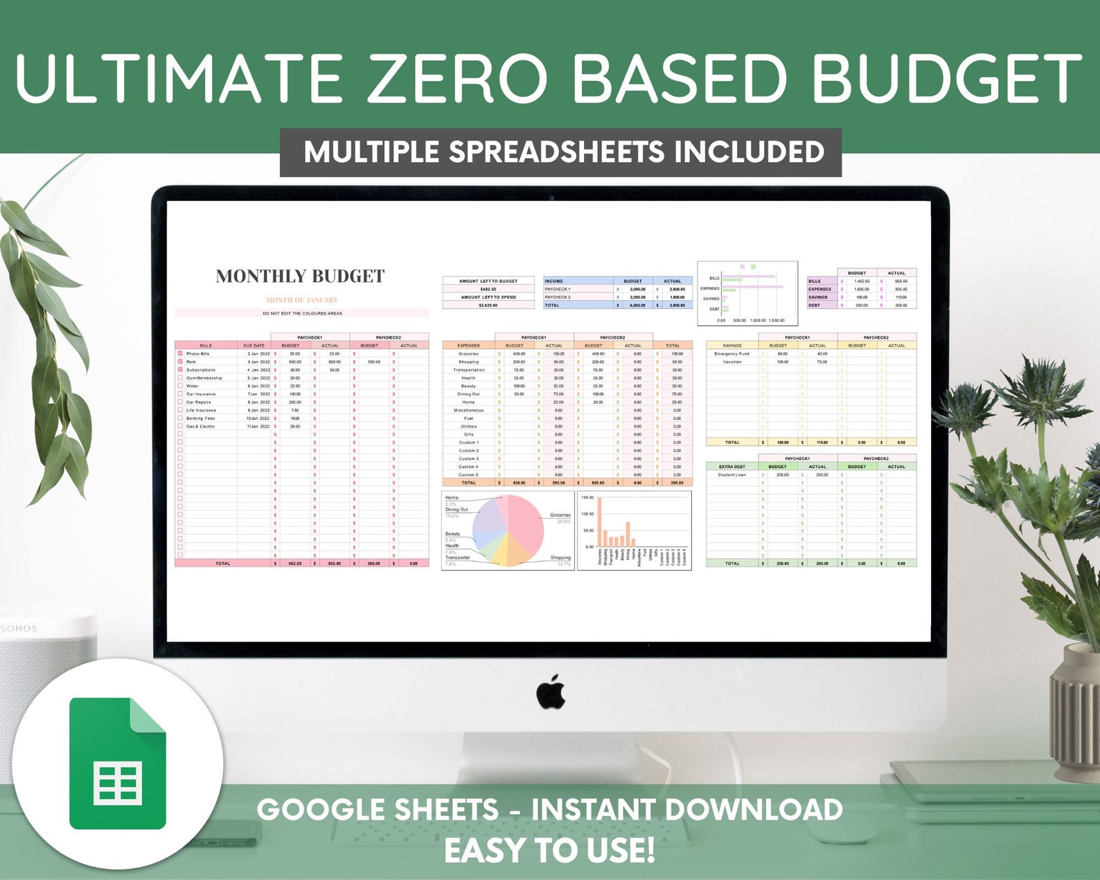 Ultimate Zero Based Budget Spreadsheet, Monthly Custom Google Sheet ...