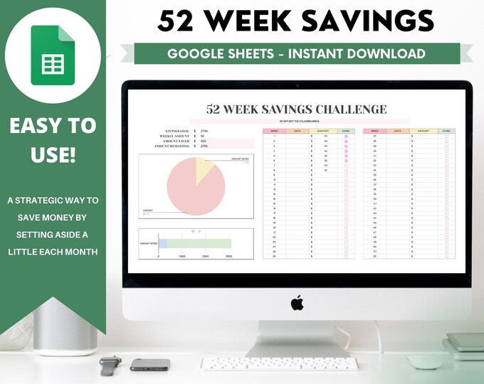 52 Weeks Savings Tracker Google Sheets Annual Finance - Etsy