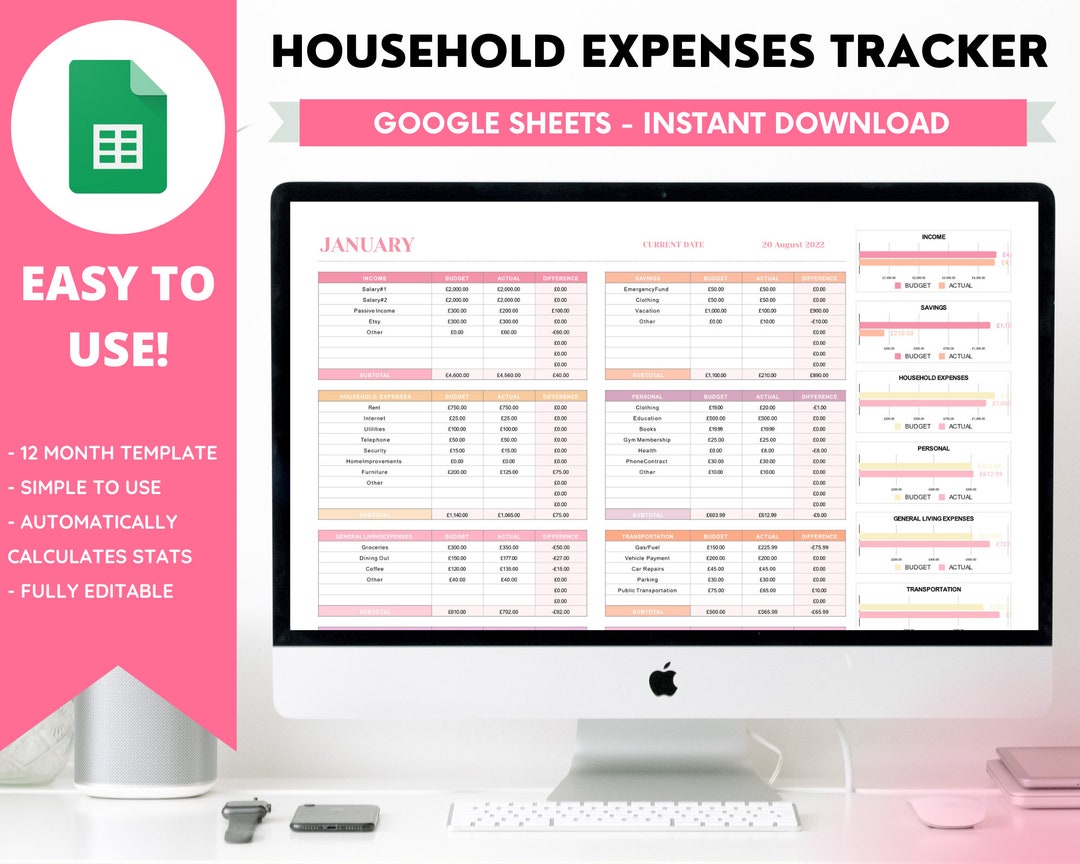 Household Expenses Budget Spreadsheet, Monthly Custom Google Sheet ...