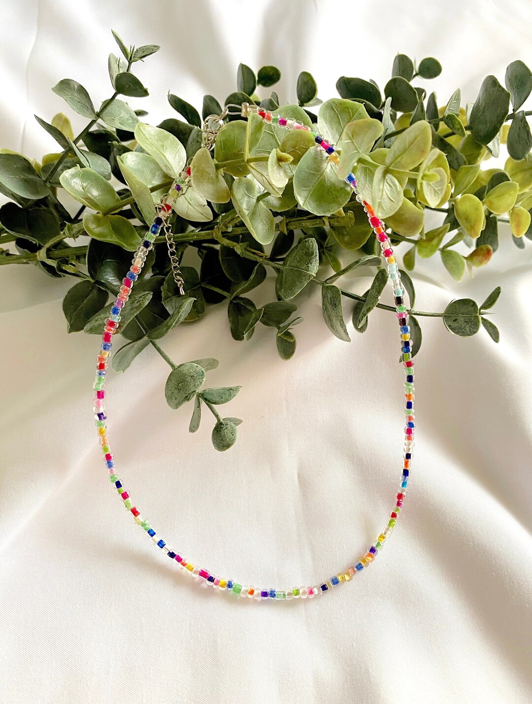 Rainbow Seed Bead Choker Necklace, Dainty Thin Beaded Chain, Rainbow ...