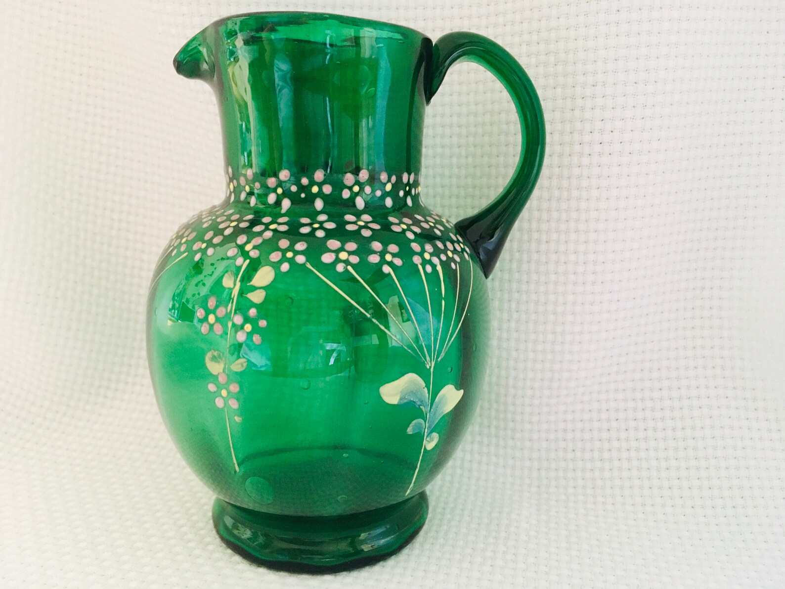 Antique Victorian Hand Blown Green Glass Pitcher & Bowl W/ Hand Painted ...
