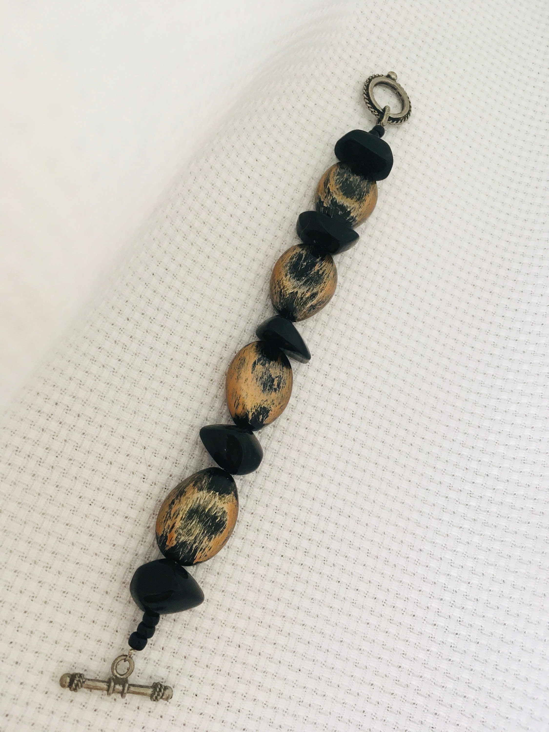 80s Vintage Oversized Beaded Costume Bracelet - Shiny Black and Gold ...