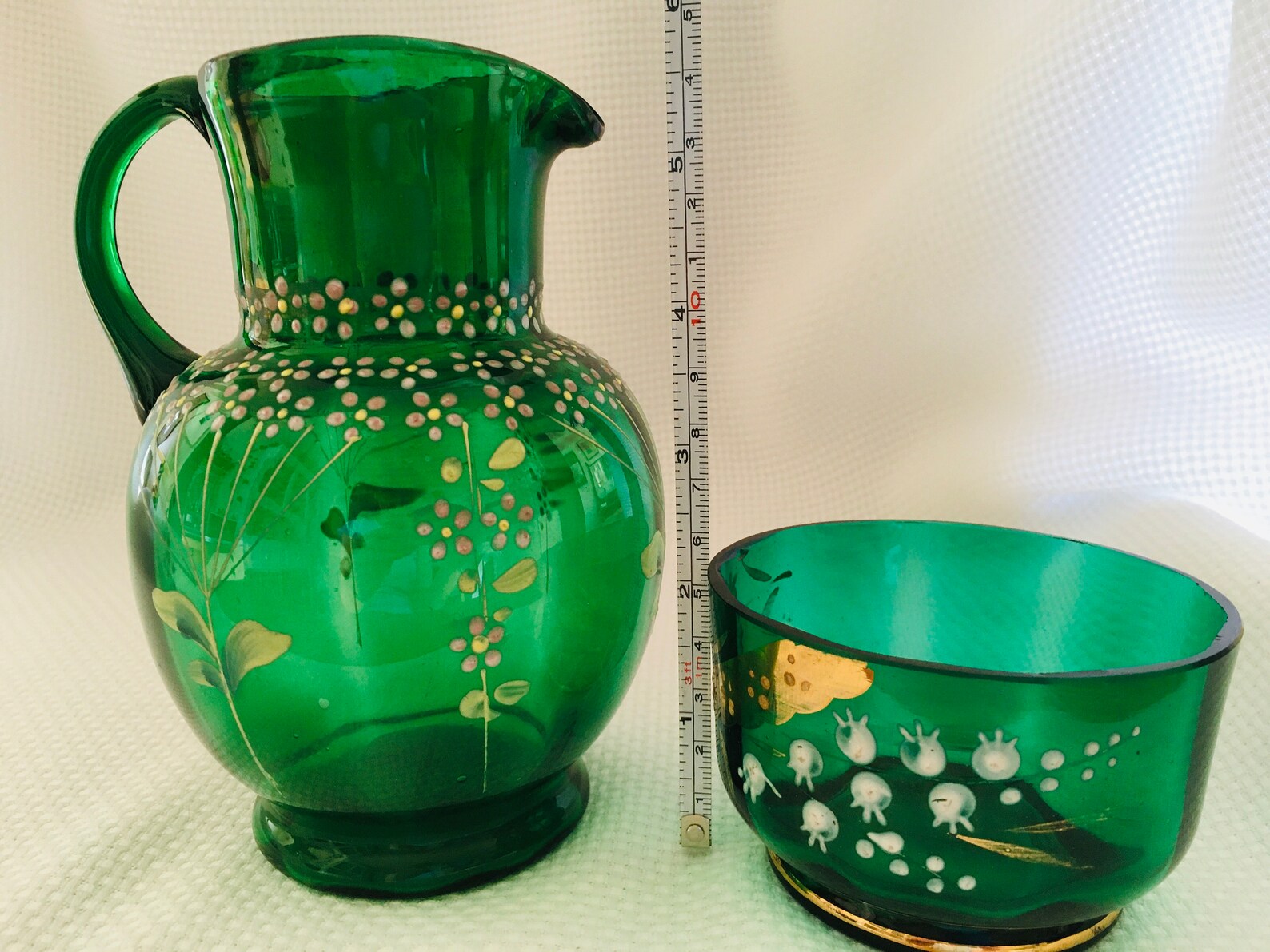 Antique Victorian Hand Blown Green Glass Pitcher & Bowl W/ Hand Painted ...