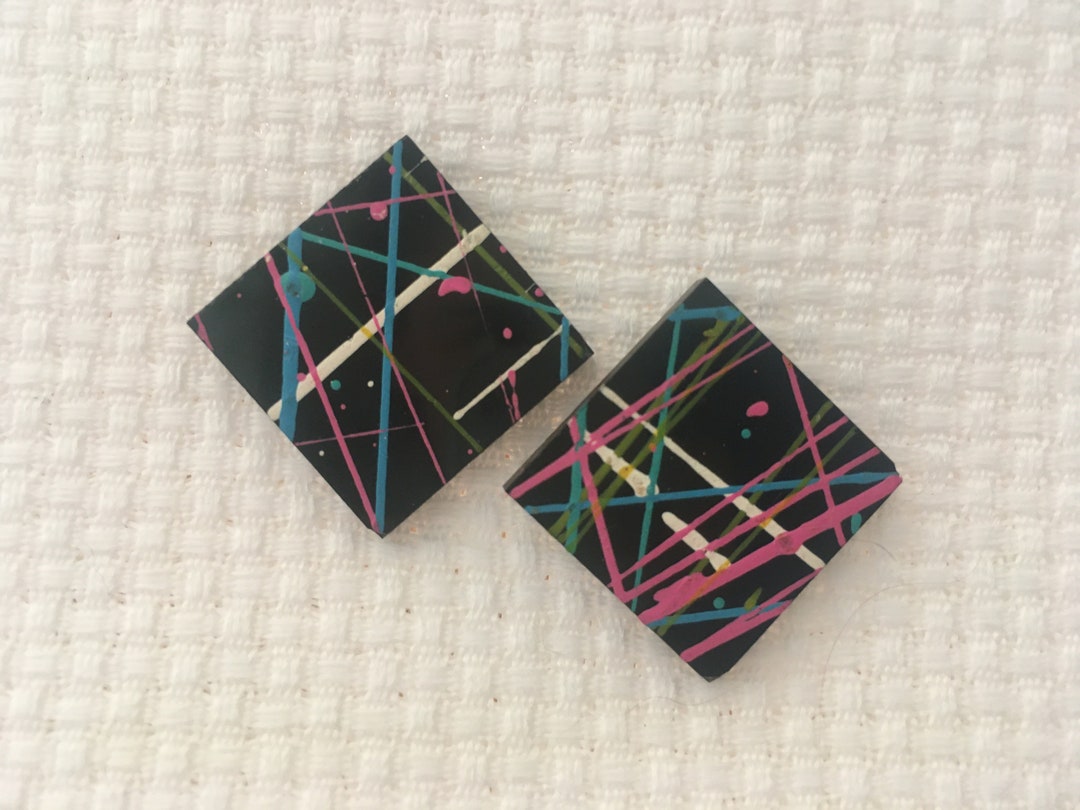 Vintage 80s Black Square Splatter Paint Stud Earrings With Pink, White ...