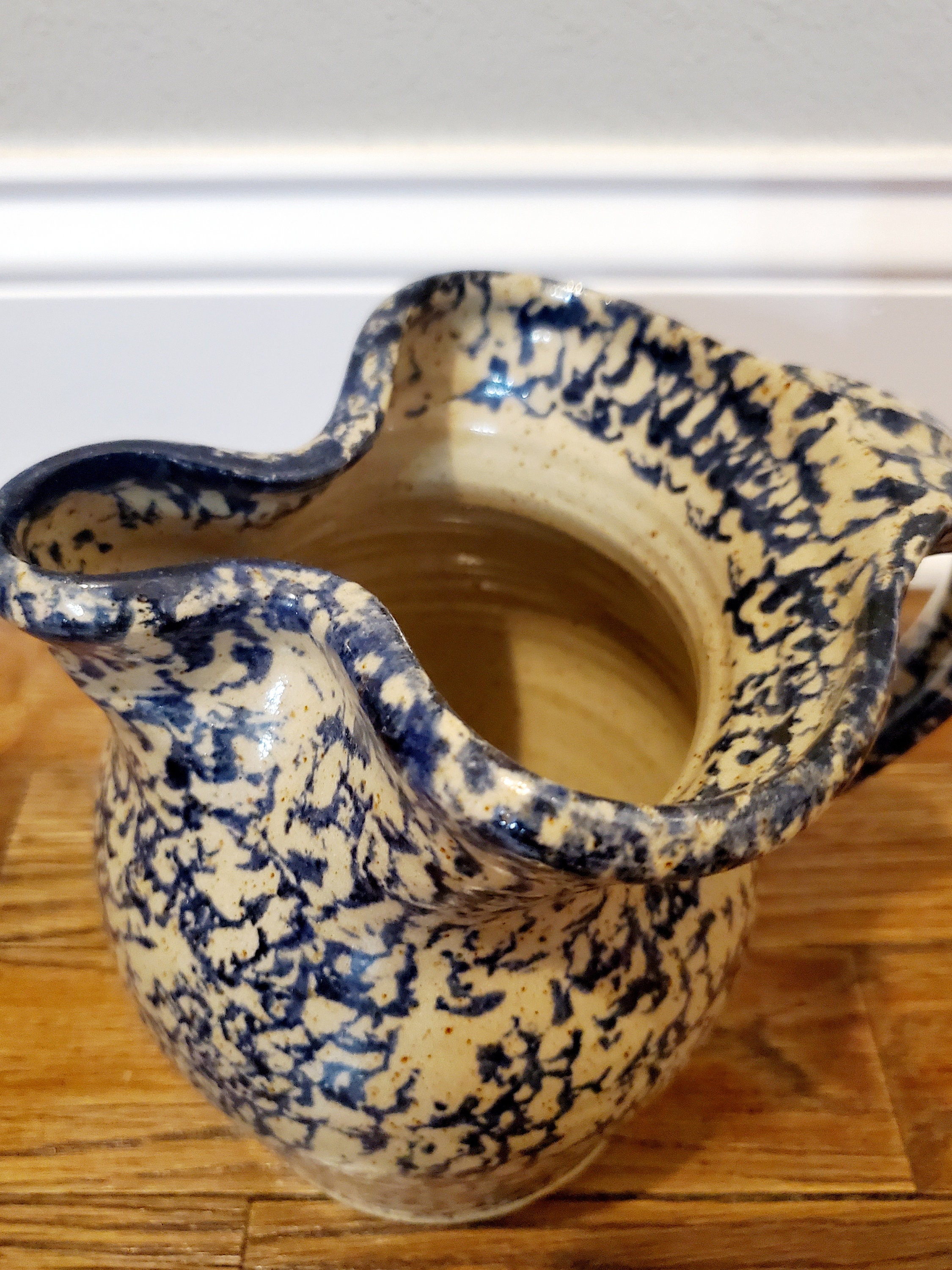 1993 Three Rivers Pottery Blue and Tan Spongeware Pitcher | Etsy