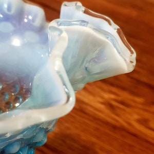 Fenton Hobnail Blue Opalescent Ruffle Edge Compote ( Imperfect-see ...
