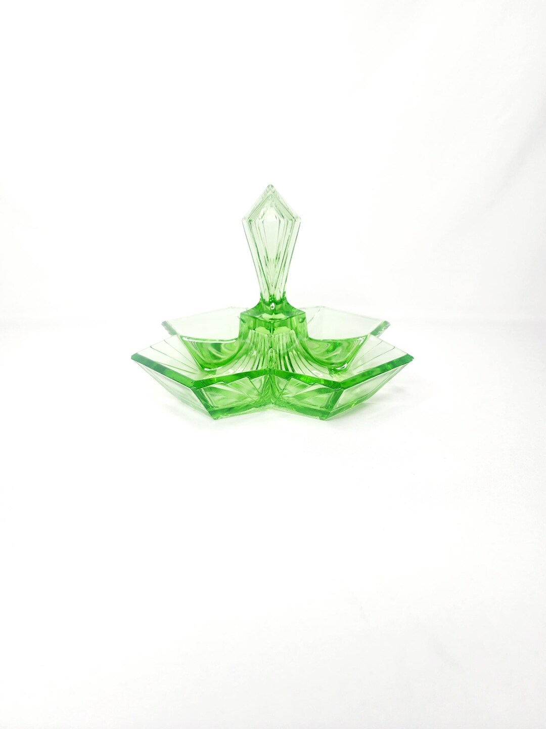 Pyramid Green Uranium by Indiana Glass Handled 4 Part Relish Dish ...