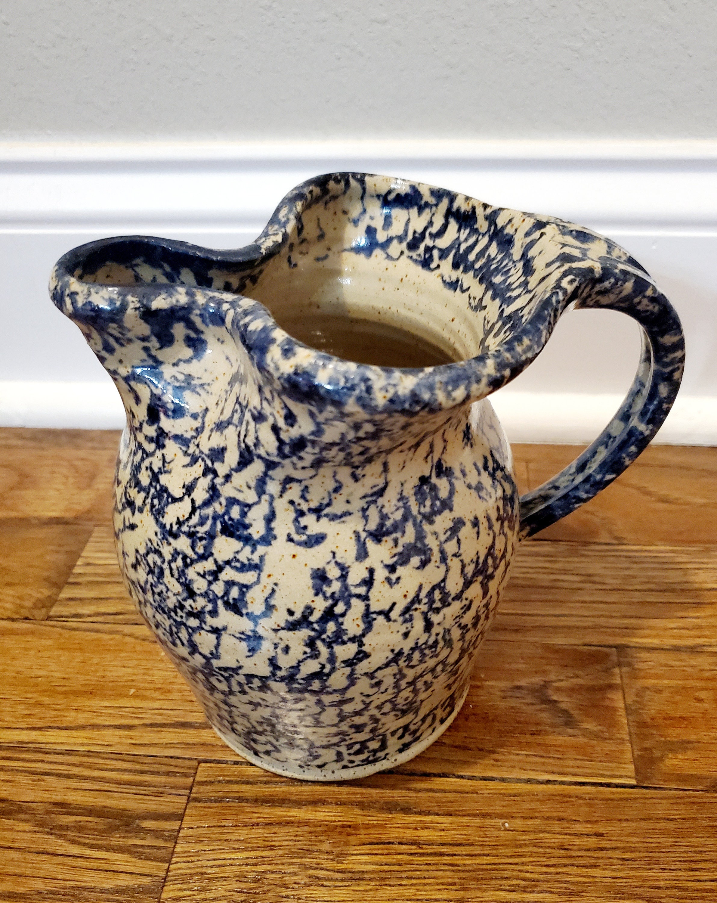1993 Three Rivers Pottery Blue and Tan Spongeware Pitcher | Etsy