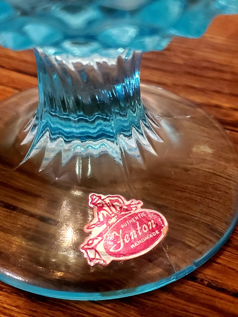 Fenton Hobnail Blue Opalescent Ruffle Edge Compote ( Imperfect-see ...