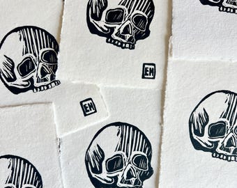 Skull Linocut Print - Handmade Block Print on Handmade Recycled Paper ...