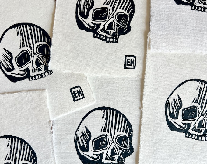Skull Linocut Print - Handmade Block Print on Handmade Recycled Paper ...