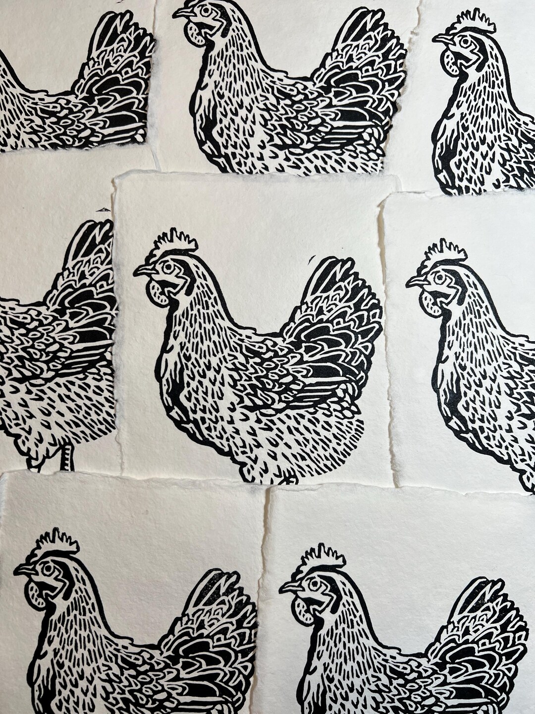 Chicken Linocut Print - Handmade Block Print on Handmade Recycled Paper ...