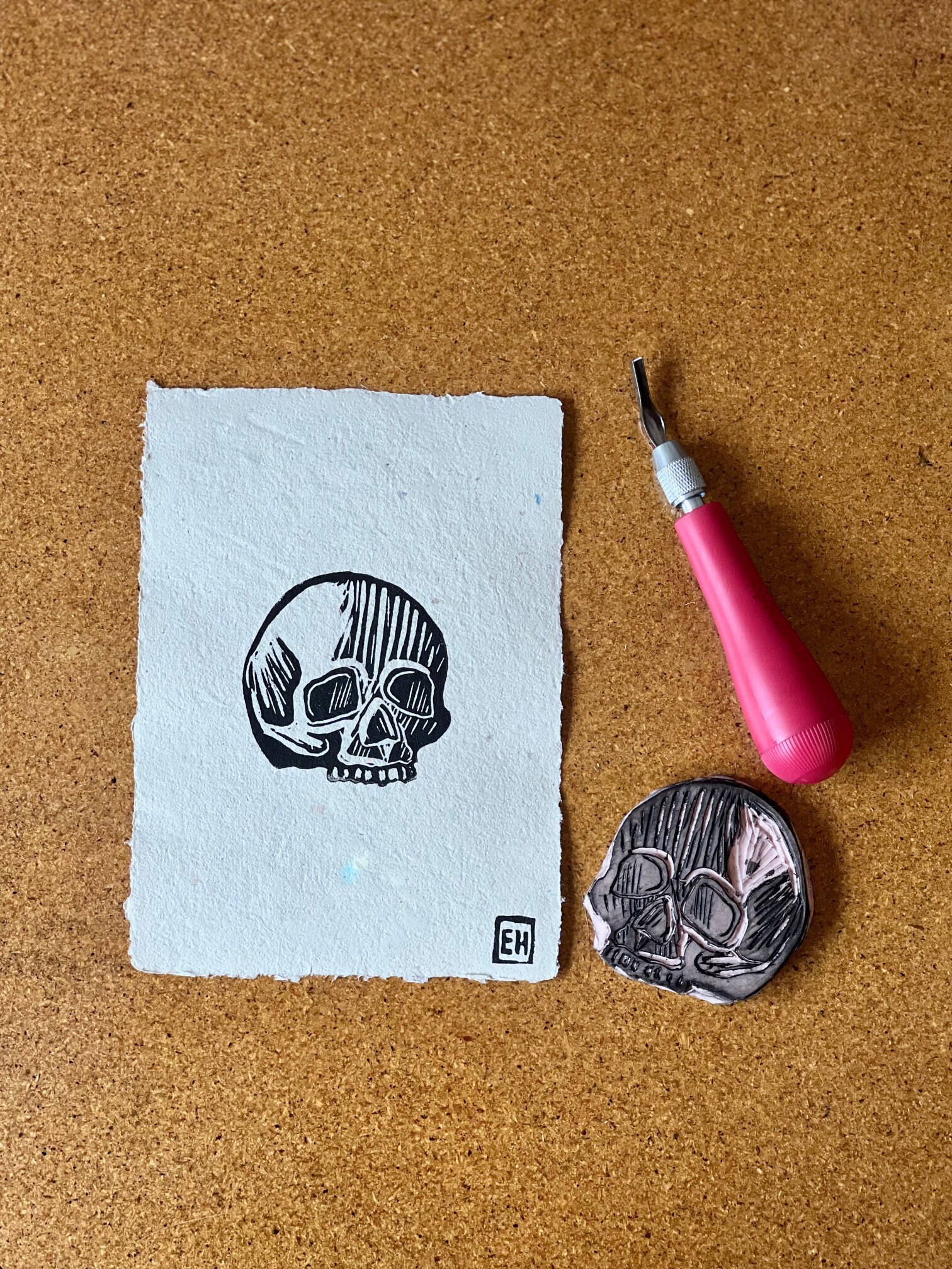 Skull Linocut Print - Handmade Block Print on Handmade Recycled Paper ...