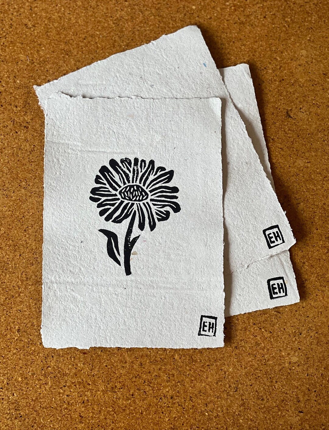 Daisy Linocut Print - Handmade Block Print on Handmade Recycled Paper ...