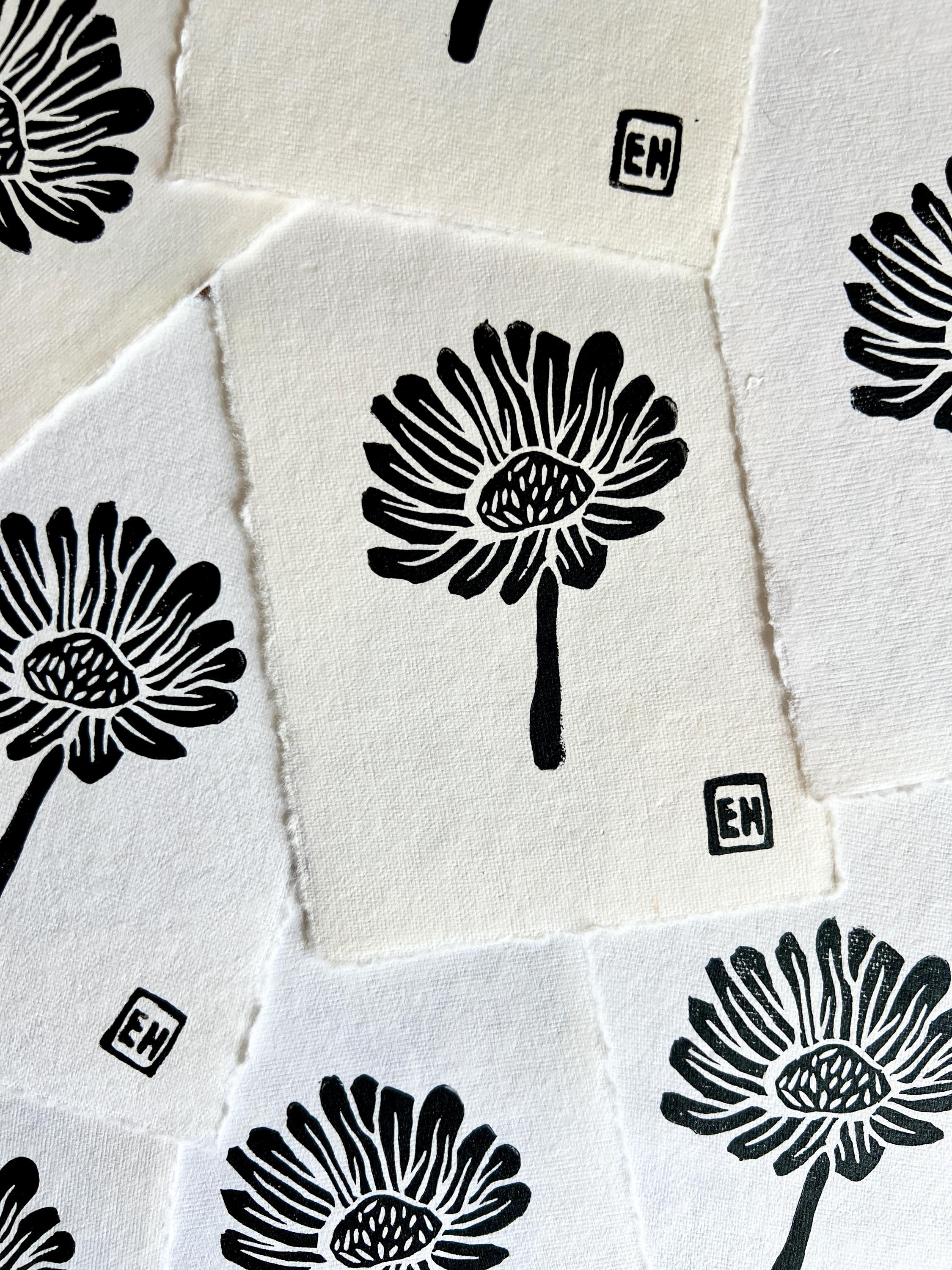 Daisy Stem Linocut Print - Handmade Block Print on Handmade Recycled ...