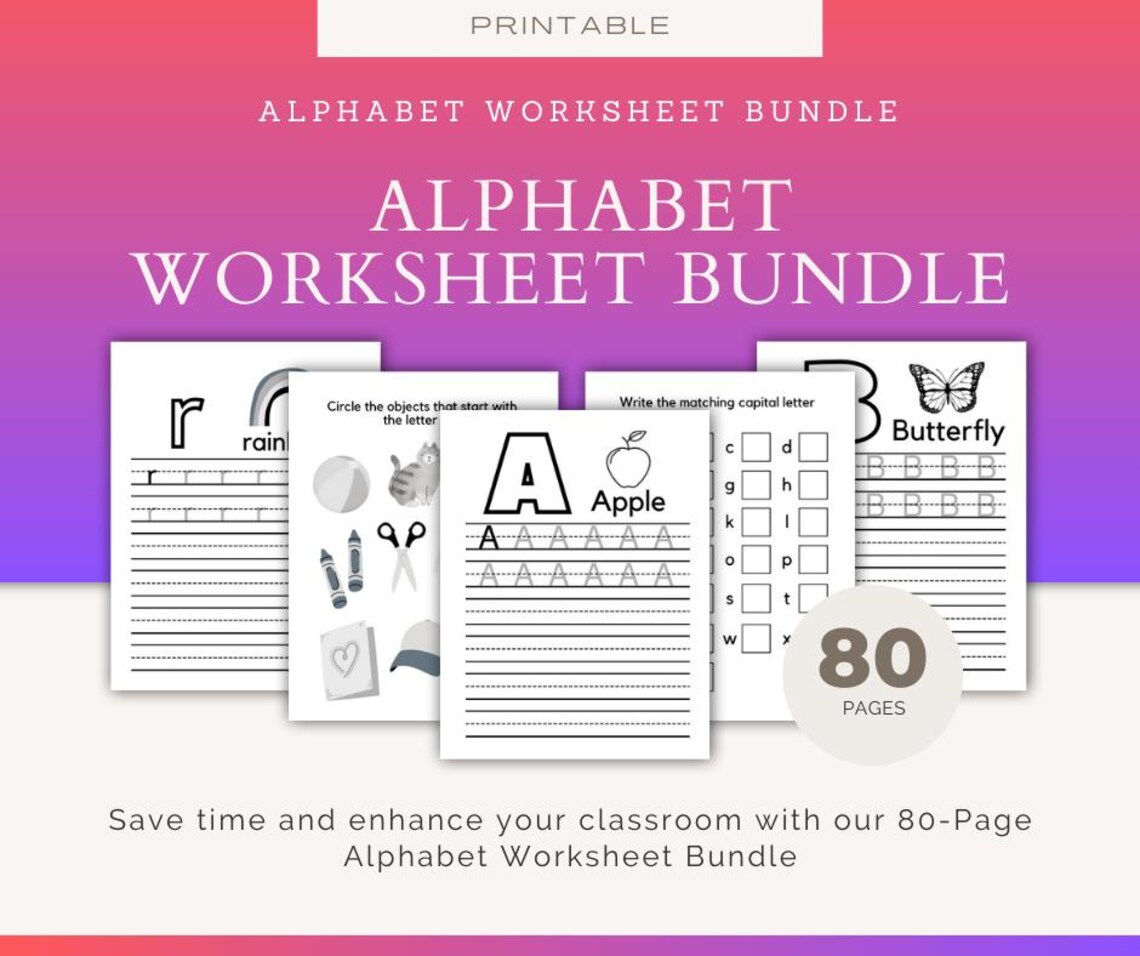 Digital/printable 80-page Kindergarten Alphabet Worksheet Bundle ...