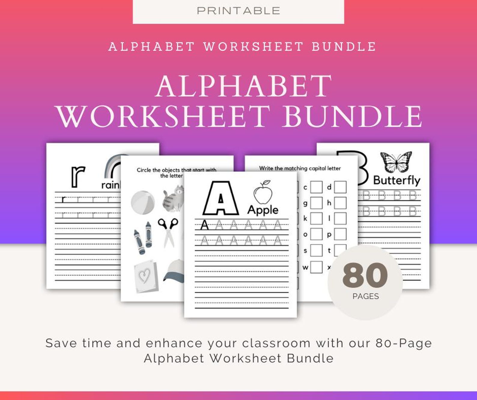 Digital/printable 80-page Kindergarten Alphabet Worksheet Bundle ...