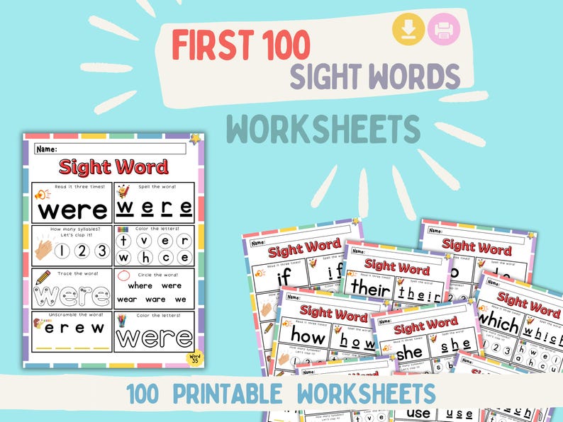 100 Essential Sight Words Bundle|printable Learning and Coloring ...
