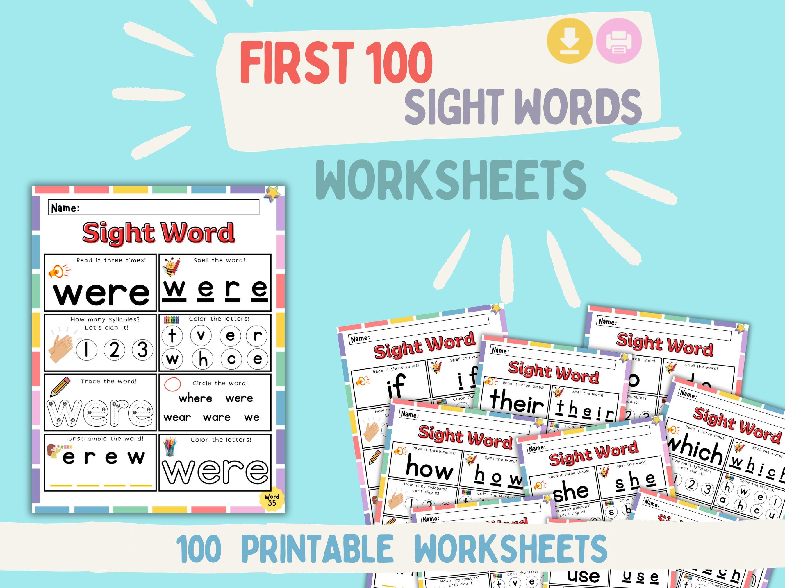 100 Essential Sight Words Bundle|printable Learning and Coloring ...