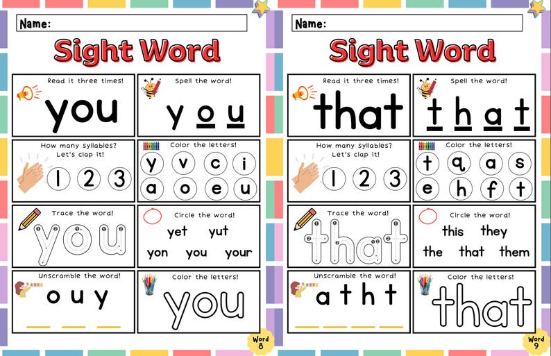 100 Essential Sight Words Bundle|printable Learning and Coloring ...