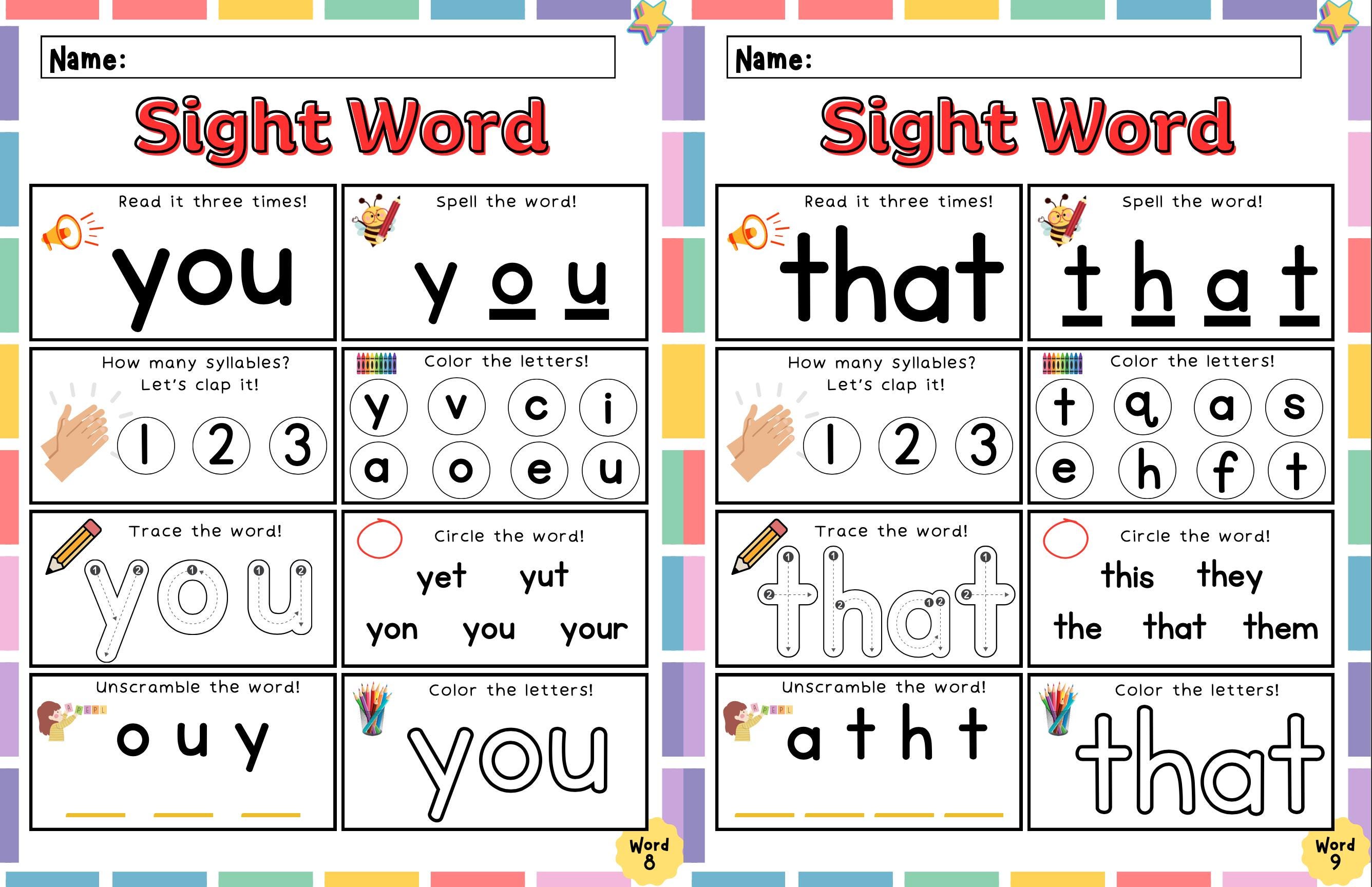 100 Essential Sight Words Bundle|printable Learning and Coloring ...