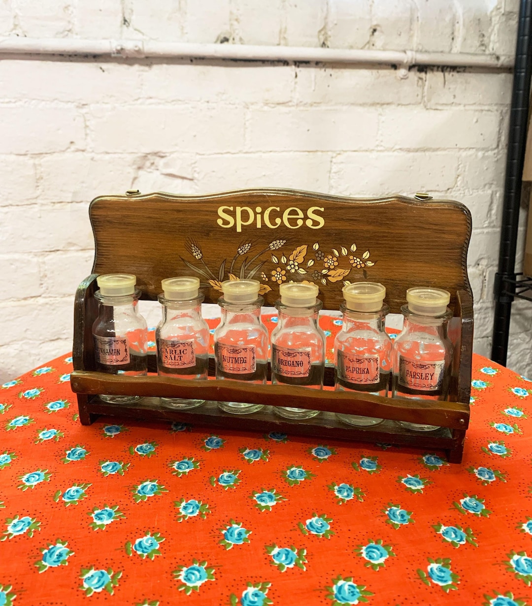 Vintage 1970s Spice Rack With 6 Glass Jars Apothecary Grandmacore ...