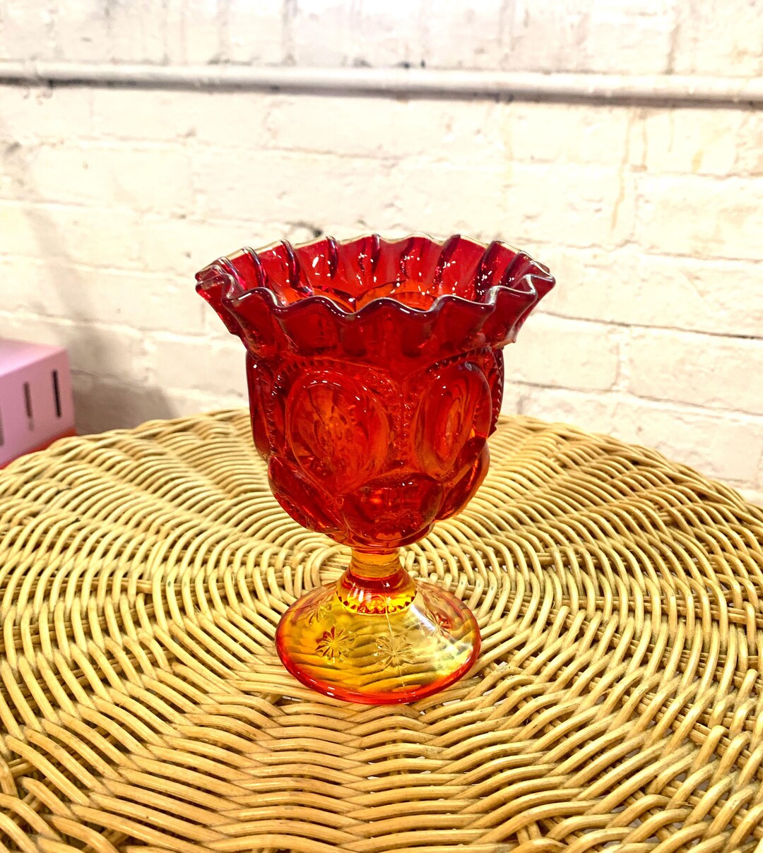 Vintage LE Smith Glass Compote Moon Stars Amberina Red Orange Yellow ...