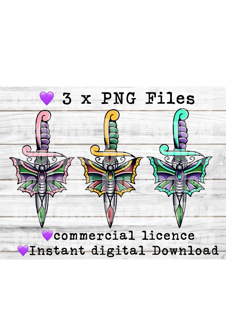 Butterfly Dagger Tattoo Clipart 3 X Pngs Sublimation Design - Etsy