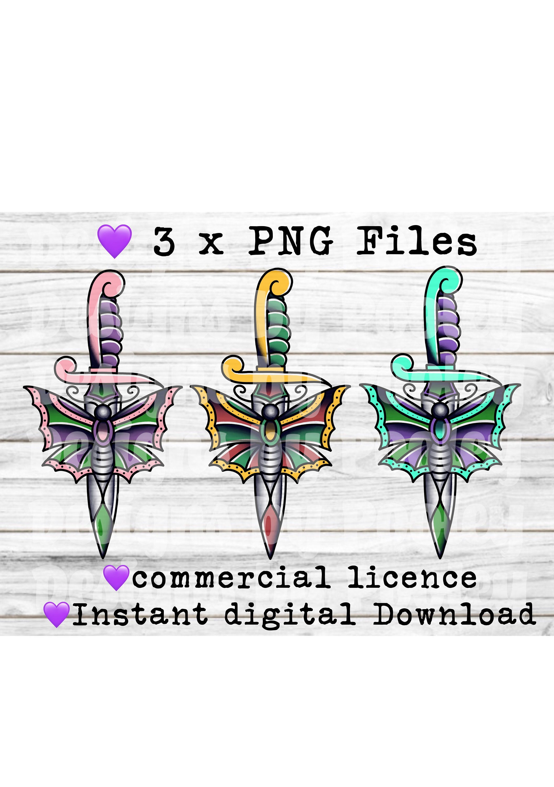 Butterfly Dagger Tattoo Clipart 3 X Pngs Sublimation Design - Etsy