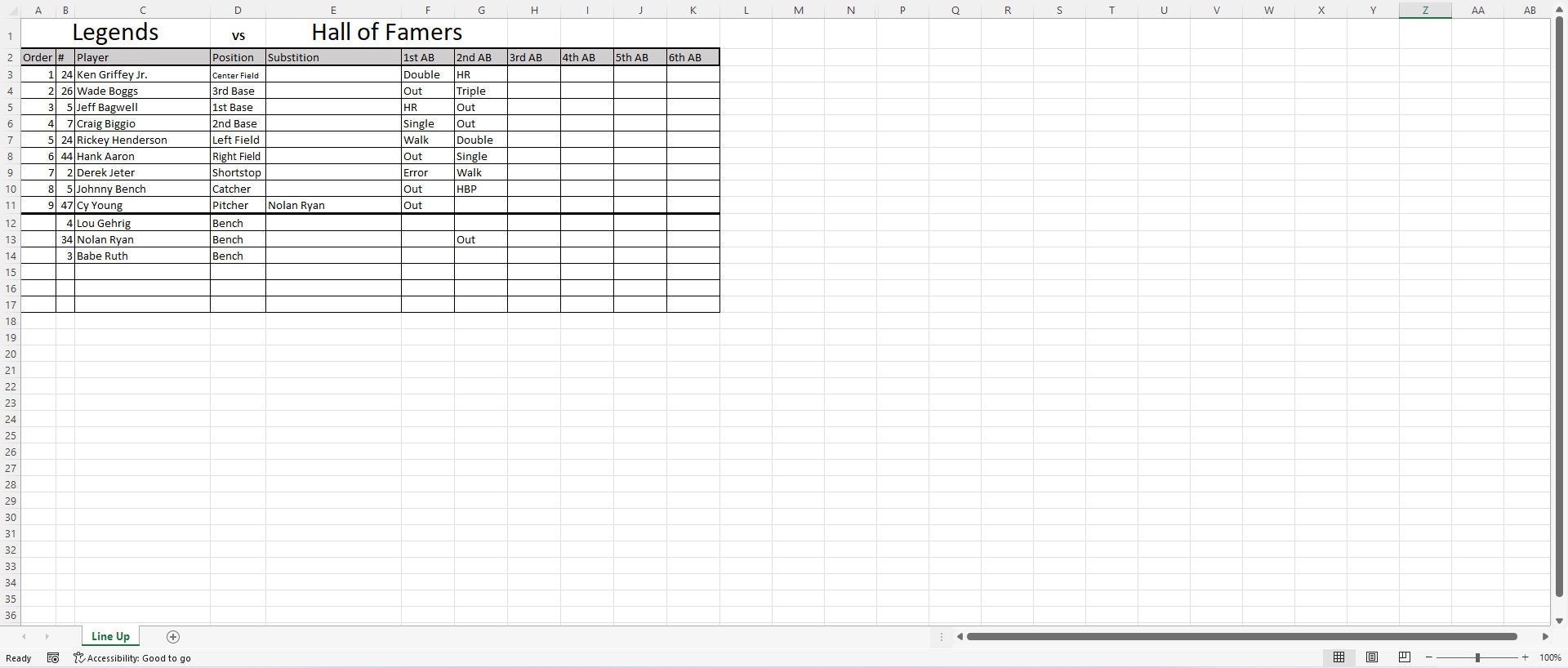 Baseball Line up Card Spreadsheet - Etsy