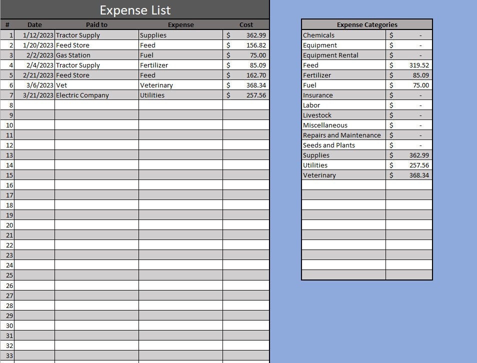 Farm Expense Spreadsheet - Etsy