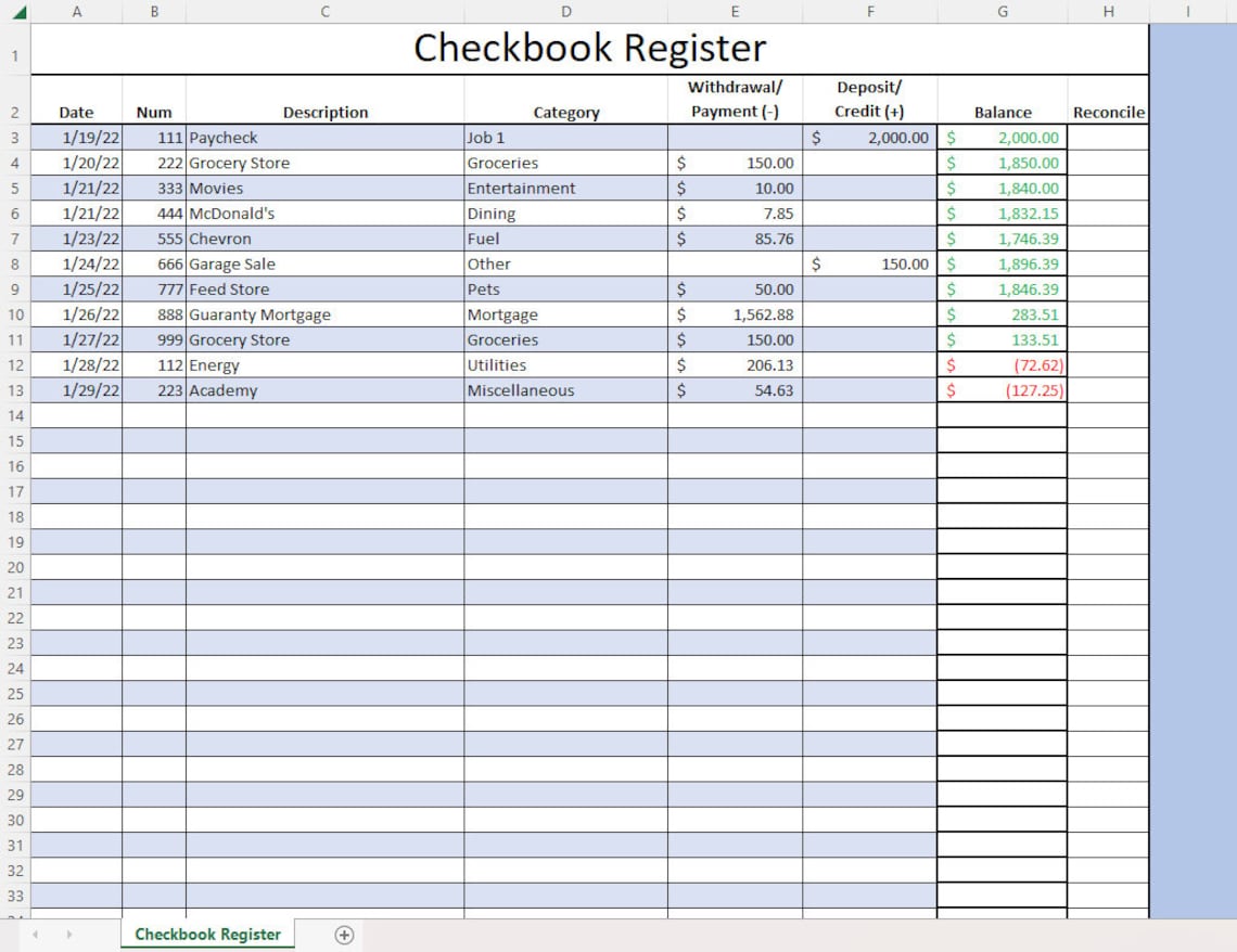 Checkbook Register Excel Spreadsheet - Etsy